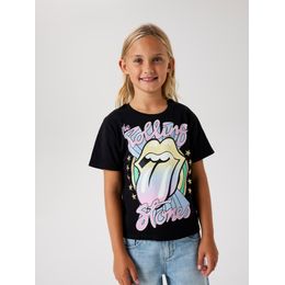 T-Shirt name it "NKFDYSA ROLLINGS SS NREG TOP NOOS UNV", M&auml;dchen, Gr. 116, schwarz, Jersey, Obermaterial: 100% Baumwolle, bedruckt, relaxed fit h&uuml;ftlang, Rundhals, abgesteppte Kante, Shirts T-Shirt, mit gro&szlig;em Frontmotiv