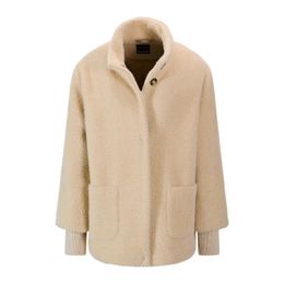 Kurzjacke GOLDNER "Flauschiger Kurzmantel mit Stehkragen", Damen, Gr. 44, beige (camel), Obermaterial: 65% Polyamid PA. 35% Polyester PES., Modisch, Rippe, Jacken Kurzjacke, mit Strickb&uuml;ndchem am Armsaum