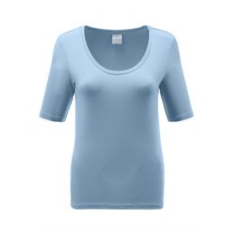 Madeleine Mode Kurzarmshirt MADELEINE "Shirt Sommerliches Basicshirt mit Rundhalsausschnitt", Damen, Gr. 38, blau (bleu), Obermaterial: 95% Viskose CV. 5% Elasthan EL., Modern, normal, Shirts Kurzarmshirt