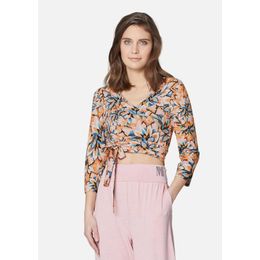 Madeleine Mode 3/4-Arm-Shirt MADELEINE "Wickelshirt Wickelshirt mit floralem Unikat-Print", Damen, Gr. 40, orange (lachsrosa, multicolor), Obermaterial: 92% Viskose CV. 8% Elasthan EL., Modern, Shirts 3/4-Arm-Shirt