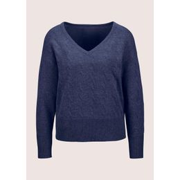 Madeleine Mode Longpullover MADELEINE "Pullover V-Pullover mit Zopfmuster", Damen, Gr. 36/38, blau (nachtblau), Obermaterial: 25% Alpaka WP. 25% Polyamid PA. 25% Schurwolle WV. 25% Viskose CV., Modern, normal, Pullover Longpullover