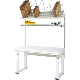 Rau Packtisch komplett 600, elektrisch h&ouml;henverstellbar, Set 1 mit Etagenbord, BxT 1500 x 700 mm, Hartlaminatplatte