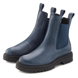 Stiefelette ELBSAND "Chelseaboots, Schlupfstiefel, Bikerboots, Sommerstiefelette", Damen, Gr. 43, blau (marine), Obermaterial: 100% Rindsleder. Decksohle: 100% Synthetik. Futter: 100% Synthetik. Laufsohle: 100% Synthetik, unifarben, Schuhe Stiefelette, aus Leder mit Stretch-Eins&auml;tzen, Lederstiefelette
