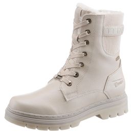 Schn&uuml;rboots Tom Tailor, Damen, Gr. 43, beige, Elastischer Einsatz, Lederimitat, Schuhe Schn&uuml;rboots, Winterstiefel mit Logopr&auml;gung an der Ferse