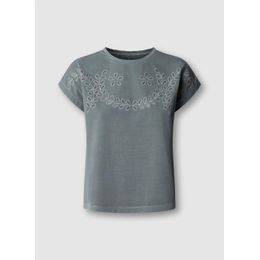 T-Shirt Pepe Jeans "MINA", Damen, Gr. XL, bleach gr&uuml;n, Jersey, Obermaterial: 100% Baumwolle, unifarben, h&uuml;ftlang, Rundhals, abgesteppte Kante, Shirts T-Shirt, mit floraler Lochstickerei