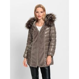 Wintermantel Heine, Damen, Gr. 42, grau (dunkeltaupe), 100% Polyester, Fellimitat:100% Polyester, Innenjacke:100% Polyamid, Wattierung:90% Daunen, 10% Federn, unifarben, unifarben mit Farbeinsatz, unifarben mit Farbeins&auml;tzen, M&auml;ntel Wintermantel