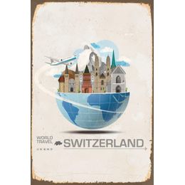 Metallbild queence "WORLD TRAVEL SWITZERLAND", blau (farbe bild(er): blau, wei&szlig;), B:20cm H:30cm T:0,5cm, Metall, Stahl, Bilder, Metallbild, Blechschilder