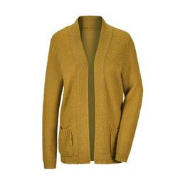 Strickjacke GOLDNER "Offener Cardigan mit Taschen, Glanz", Damen, Gr. 44, gelb (honig), Obermaterial: 90% Polyacryl PAN. 10% metallisierte Fasern MTF., Modisch, figurumspielend, Strickjacken Strickjacke, offene Cardiganform