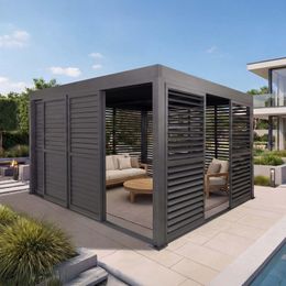 Alu Pergola MCW-L46, Pavillon Terrassen&uuml;berdachung, 7x Lamellenpaneel 7x Schiebet&uuml;ren, 11cm-Gestell, 3x4m ~ anthrazit