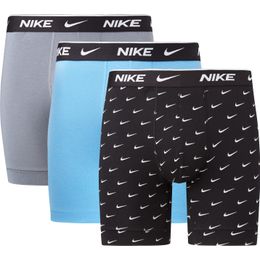 Boxer NIKE UNDERWEAR "BOXER BRIEF 3PK", Herren, Gr. S, 3 Stk., swoosh print, cool grau, uni blau, Jersey, Obermaterial: 95% Baumwolle, 5% Elasthan, k&ouml;rpernah, Unterhosen Boxer, mit Logo-Elastikbund