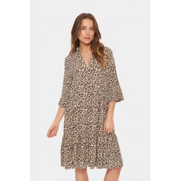 Blusenkleid Saint Tropez "EdaSZ Dress", Damen, Gr. S, N-Gr, beige (creme leopard strokes), Web, Obermaterial: 100% Viskose, knieumspielend, V-Ausschnitt, Volant, Kleider Blusenkleid, Sommerkleid, Tunikakleid mit Volant und 3/4 &Auml;rmel