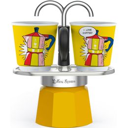 Espressokocher Bialetti "Mini Express Lichtenstein", gelb (aluminiumfarben, gelb), 0,09 l, 2, Kaffeemaschinen, Espressokocher, (1 Espressokocher + 2 Espressobecher, 90 ml)