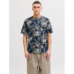 Jack & Jones Rundhalsshirt JACK & JONES "JJHONOLULU AOP TEE SS CREW NECK", Damen, Gr. XL, navy blazer, Jersey, Obermaterial: 100% Baumwolle, bedruckt, regular fit normal, Rundhals, Shirts Rundhalsshirt, Baumwolle, regular fit