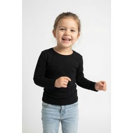 Langarmshirt happy girls, M&auml;dchen, Gr. 140, schwarz, Jersey, Obermaterial: 95% Baumwolle, 5% Elasthan, unifarben, figurbetont h&uuml;ftlang, Rundhals, abgesteppte Kante, Shirts Langarmshirt, in Basic-Form