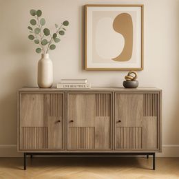 Sideboard Sit "Kommode &ndash; Massives Holz mit Lamellen‑Front & kunstvollen Schnitzereien", natur, schwarz, B:130cm H:80cm T:40cm, Massivholz, Metall, Sideboards, Sideboard, Massives Lamellen‑Sideboard mit kunstvollen Schnitzereien & Stauraum