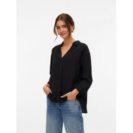 V&eacute;ro Moda Shirtbluse VERO MODA "VMLINN 3/4 TOP WVN GA NOOS", Damen, Gr. XS, schwarz, Web, Obermaterial: 55% Leinen, 45% Viskose, unifarben, loose fit Po-bedeckend, V-Ausschnitt, Blusen Shirtbluse