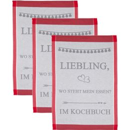 Geschirrtuch Ross "Liebling, wo steht mein essen&hellip; im Kochbuch", grau (grau, rot), B:50cm L:70cm, 100% Baumwolle, Geschirrt&uuml;cher, Geschirrtuch, Spr&uuml;chetuch, aus 100% Baumwolle