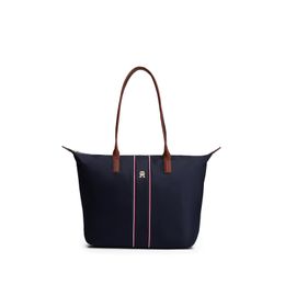 Tragetasche Tommy Hilfiger "POPETTE TOTE CORP", Damen, Gr. B/H/T: 48cm x 32cm x 14cm, dunkelblau, Leder, Nylon, Taschen Tragetasche, Damen Handtasche, Schultertasche, Shopper mit Kontrastbes&auml;tzen