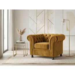 Sessel Home Affaire "BRONNOY Chesterfield Sessel mit aufwendiger Knopfheftung, Breite 108cm", gold, B:108cm H:75cm T:90cm, 100% Polyester, Sessel, Sessel, Polstersessel mit geschwungenen Armlehnen, Chesterfield-Optik
