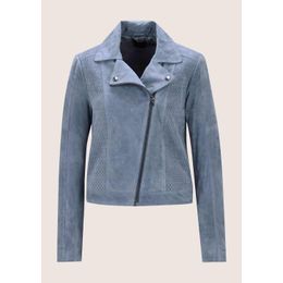 Madeleine Mode Lederjacke MADELEINE "Lederjacke Kurze Bikerjacke aus softem Ziegenvelours", Damen, Gr. 44, blau (rauchblau), Obermaterial: 100% Ziegenveloursleder GOVL., Modern, normal, Jacken Lederjacke