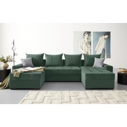 Wohnlandschaft Collection AB "Josy XL U-Form, B: 313 cm in Cord, Cord-Mix", gr&uuml;n (dunkelgr&uuml;n), B:313cm H:84cm T:161cm, 100% Polyester, Sofas, Wohnlandschaft, mit Bettfunktion, Bettkasten & 2 Zierkissen, Federkern