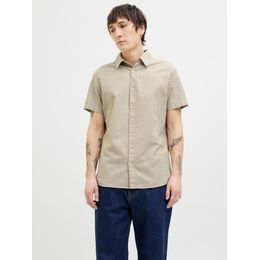 Jack & Jones Kurzarmhemd JACK & JONES "JJEBREEZE SHIRT SS SN", Herren, Gr. S, N-Gr, beige (crockery), Web, Obermaterial: 70% Baumwolle, 30% Leinen, unifarben, slim fit taillenbedeckt, ohne Ausschnitt, gerader Abschluss, Hemden Kurzarmhemd, mit Hemdkragen