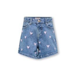 Jeansshorts KIDS Only "KMGJUICY HEART EMB SHORTS DNM", Jungen, Gr. 128, N-Gr, light medium blau denim aop:pink heart embroidery, Denim/Jeans, Obermaterial: 98% Baumwolle, 2% Elasthan, bestickt, Jeans Jeansshorts