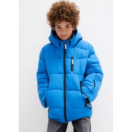 Steppjacke bonprix, Jungen, Gr. 152/158, blau, Steppware, Obermaterial: 100% Polyester. Kapuzenfutter: 100% Polyester. &Auml;rmelfutter: 100% Polyester, unifarben, normal h&uuml;ftbedeckend, Rundhals, Jacken Steppjacke, mit Kapuze und Fleece, normale Passform, mit reflektierenden Details