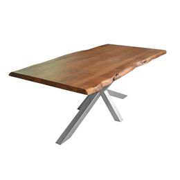 Baumkantentisch CALI B-Ware 220 / Akazie nussbaumfarben / 220x100 / Spider-Gestell Silber