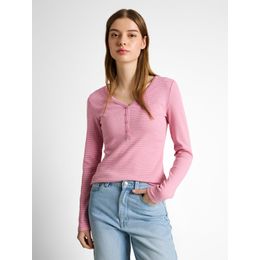 Henleyshirt Tom Tailor Denim, Damen, Gr. M, pink wei&szlig; stripe, Rippware, Obermaterial: 95% Baumwolle, 5% Elasthan, gestreift, regular fit normal, V-Ausschnitt, gerader Abschluss, Shirts Henleyshirt, mit Streifen Muster
