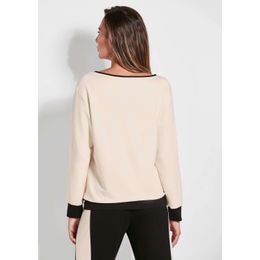 Sweater GOLDNER "Kurzgr&ouml;&szlig;e Luxuri&ouml;ses Langarm Viskose-Oberteil", Damen, Gr. 21, beige (beige, schwarz), Obermaterial: 64% Viskose CV. 30% Polyester COOLMAX PES(Coolmax). 6% Elasthan EL., figurumspielend, Homewear-Sets Sweater, raffiniertes Dessin
