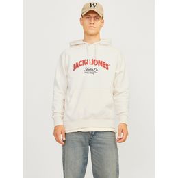 Jack & Jones Kapuzensweatshirt JACK & JONES "JORBRONX ARCH BIG SWEAT HOOD", Herren, Gr. S, wei&szlig; (antique wei&szlig;), angeraute Sweatware, Obermaterial: 60% Baumwolle, 40% Polyester, bedruckt, normal, Rippb&uuml;ndchen, Sweatshirts Kapuzensweatshirt