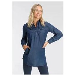 Jeansbluse Arizona "Krempel&auml;rmel mit Riegel", Damen, Gr. 40, blau (dunkelblau), Web, Obermaterial: 100% Baumwolle, Basic, figurumspielend lang, Krempel&auml;rmel, Blusen Jeansbluse, im Tunikastil