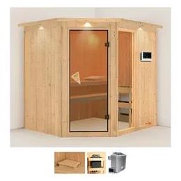 Sauna Karibu "Frigga 2", beige (naturbelassen), Bio-Kombiofen, externe Steuerung, 9 kW, Saunen, Ofen 9 kW Bio externe Strg easy