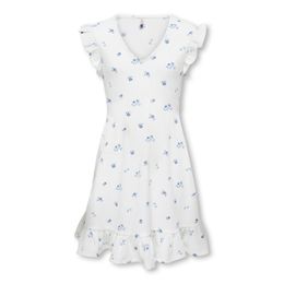 Sommerkleid KIDS Only "KOGHILLARY V NECK DRESS CS WVN", M&auml;dchen, Gr. 134/140, N-Gr, cloud dancer aop:blau flowers, Web, Obermaterial: 98% Polyester, 2% Elasthan, bedruckt, gebl&uuml;mt, figurumspielend Midi, V-Ausschnitt, Fl&uuml;gel&auml;rmel R&uuml;schen, Kleider Sommerkleid