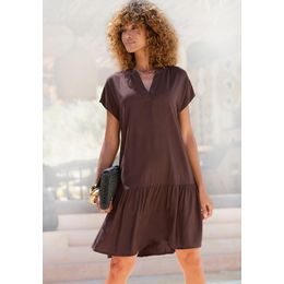 Blusenkleid Lascana, Damen, Gr. 48, N-Gr, dunkelbraun, Web, Obermaterial: 100% Viskose, unifarben, figurumspielend ca. Mitte Oberschenkel, V-Ausschnitt, Kleider Blusenkleid, mit Volant am Rock