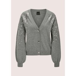 Madeleine Mode Strickjacke MADELEINE "Strickjacke Elegante Feinstrickjacke mit V-Ausschnitt", Damen, Gr. 44/46, silber (graphit, melange, silberfarben), Obermaterial: 95% Baumwolle CO. 5% Kaschmir WS., Modern, figurumspielend, Strickjacken Strickjacke, Ballon&auml;rmel
