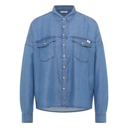 Langarmbluse Mustang "Damen Style Dakota Shirt", Damen, Gr. 40, blau 300, Twill, 100% Lyocell, unifarben, oversize, Blusen Langarmbluse