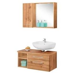 Badm&ouml;bel-Set Welltime "Davos", braun (eichefarben), Siphonausschnitt rechts, Holzwerkstoff, MDF, Melamin, Kastenm&ouml;bel-Sets, Badm&ouml;bel-Set, inklusive Beleuchtung, H&auml;ngeschrank und Waschbeckenunterschrank