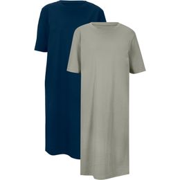 Shirtkleid bonprix "Oversize-T-Shirtkleid aus reiner Baumwolle (2er Pack)", Damen, Gr. 48/50 (XL), N-Gr, blau (dunkelblau, seegras), Jersey, Obermaterial: 100% Baumwolle, unifarben, oversize kniefrei, Rundhals, gerader Abschluss, Kleider Shirtkleid, f&uuml;r Alltag, mit Rundhalsausschnitt, Kurzarm, Oversize Passform