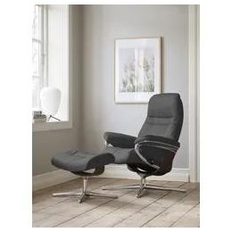 Relaxsessel stressless "Sunrise", grau (grau batick), B:79cm H:103cm T:73cm, Leder BATICK: BATICK ist ein leicht korrigiertes, durchgef&auml;rbtes und genarbtes M&ouml;belleder, bei dem die meisten Unebenheiten und Spuren in der Regel entfernt wurden., Sessel, Relaxsessel, mit Cross Base, Gr&ouml;&szlig;e S, M & L, Holzakzent Braun