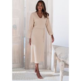 Strickkleid Lascana, Damen, Gr. 36/38, N-Gr, beige (sand, melange), Rippware, Obermaterial: 56% Polyester, 41% Viskose, 3% Elasthan, meliert, unifarben, figurumspielend kniebedeckend, V-Ausschnitt, Kleider Strickkleid, Lounge-/ Rippkleid mit weiten &Auml;rmeln und Taillenband, Loungewear