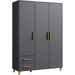 Dreht&uuml;renschrank Rauch "Kleiderschrank Schrank Garderobe SHINJO Breiten 93/140/187 cm", grau (graumetallic), B:140cm H:203cm T:53cm, Holzwerkstoff, Schr&auml;nke, Dreht&uuml;renschrank, Griffe und F&uuml;&szlig;e aus Massivholz mit 2 Schubladen MADE IN GERMANY