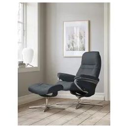 Relaxsessel stressless "Sunrise", blau (atlantic blau batick), B:79cm H:103cm T:73cm, Leder BATICK: BATICK ist ein leicht korrigiertes, durchgef&auml;rbtes und genarbtes M&ouml;belleder, bei dem die meisten Unebenheiten und Spuren in der Regel entfernt wurden., Sessel, Relaxsessel, mit Hocker, mit Cross Base, Gr&ouml;&szlig;e S, M & L, Holzakzent Schwarz