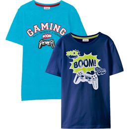 T-Shirt bonprix, Jungen, Gr. 164/170, blau (dunkelblau, karibikblau bedruckt), Jersey, Obermaterial: 100% Baumwolle, bedruckt, mehrfarbig, unifarben, Basic h&uuml;ftbedeckend, Rundhals, Shirts T-Shirt, bequeme Passform, Kurzarm, mit Frontdruck, aus Baumwolle