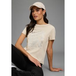 T-Shirt Laura Scott, Damen, Gr. 40/42, beige, Single Jersey, Obermaterial: 100% Baumwolle, bedruckt, gemustert, Basic h&uuml;ftlang, U-Boot-Ausschnitt, Shirts T-Shirt, mit schimmerndem Folienprint, h&uuml;ftlange Basic-Passform