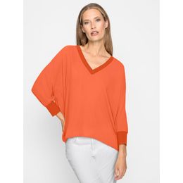 Langarmbluse Heine, Damen, Gr. 46, orange, 100% Polyester, unifarben, V-Ausschnitt, Blusen Langarmbluse