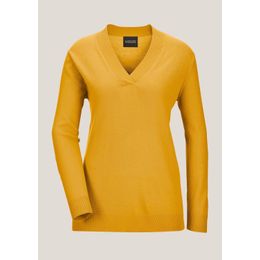 Madeleine Mode Longpullover MADELEINE "Pullover Glattstrick-Pullover mit V-Ausschnitt", Damen, Gr. 40/42, gelb (goldgelb), Obermaterial: 100% Schurwolle WV., Modern, normal, Pullover Longpullover