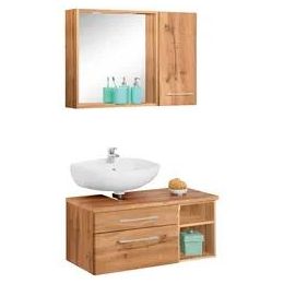Badm&ouml;bel-Set Welltime "Davos", braun (eichefarben), Siphonausschnitt links, Holzwerkstoff, MDF, Melamin, Kastenm&ouml;bel-Sets, Badm&ouml;bel-Set, inklusive Beleuchtung, H&auml;ngeschrank und Waschbeckenunterschrank