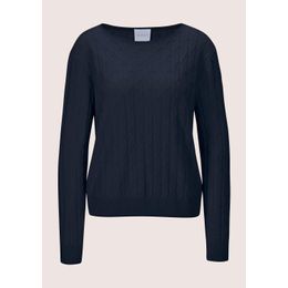 Madeleine Mode Longpullover MADELEINE "Strickpullover Eleganter Wollpullover mit Zopfmuster", Damen, Gr. 44/46, blau (marine), Obermaterial: 100% Schurwolle WV., Modern, Pullover Longpullover, Allover-Zopfmuster